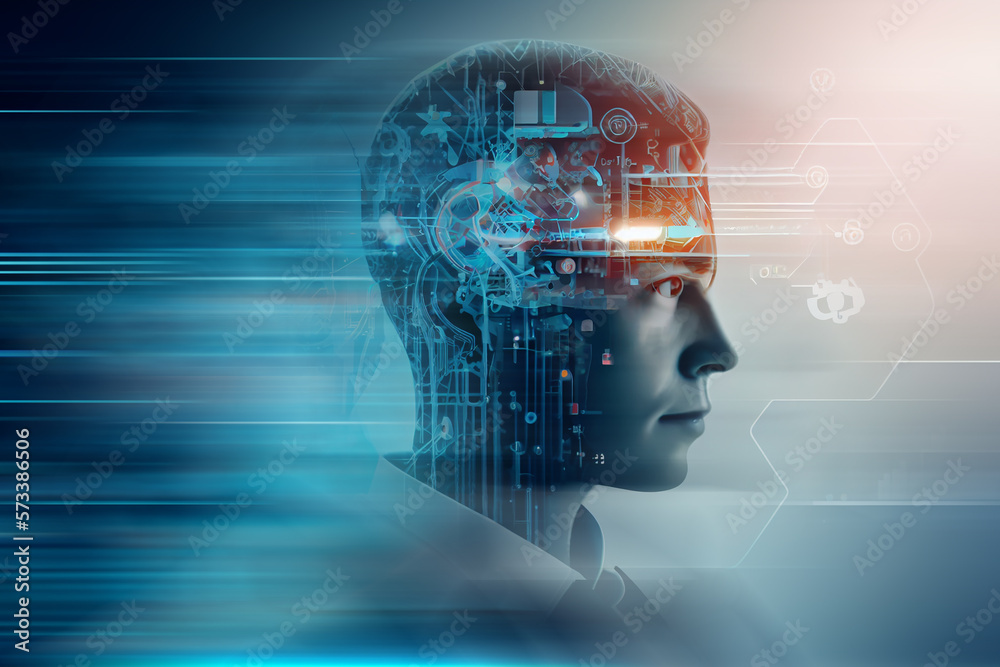 illustration of robot thinking design , network connection of AI power ...