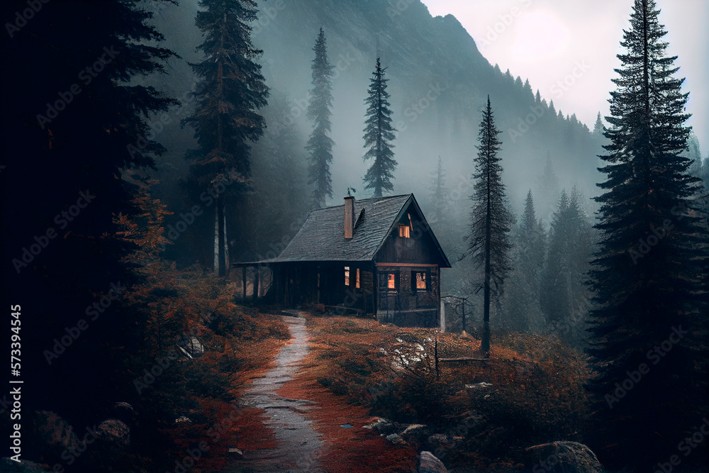 A cabin in the middle of a forest with fog and trees on the mountain side and a foggy sky above ...