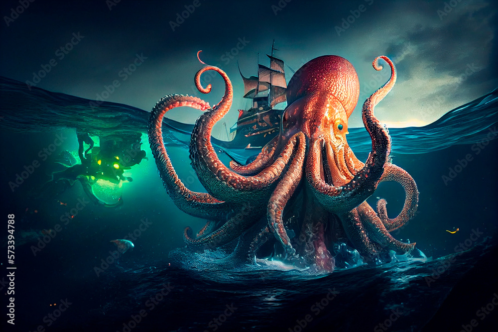 A giant octopus kraken monster attacking a pirate ship in the dark ocean. Generative AI ...