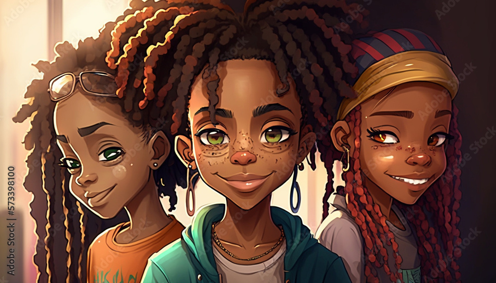 3 cartoon black girls dread, young pretty black girls, AI, cartoon ...