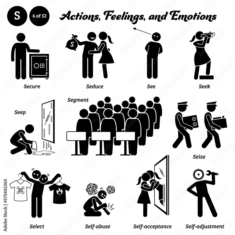 Stick figure human people man action, feelings, and emotions icons ...