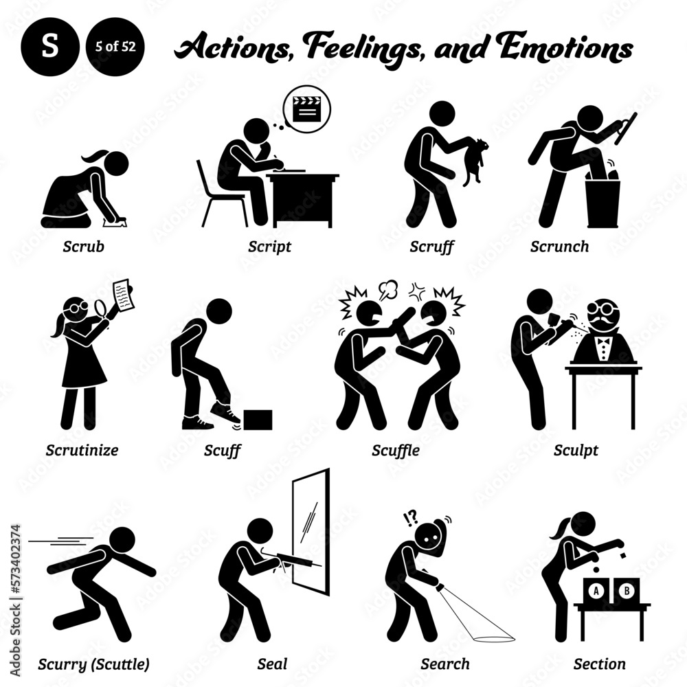 Stick figure human people man action, feelings, and emotions icons ...