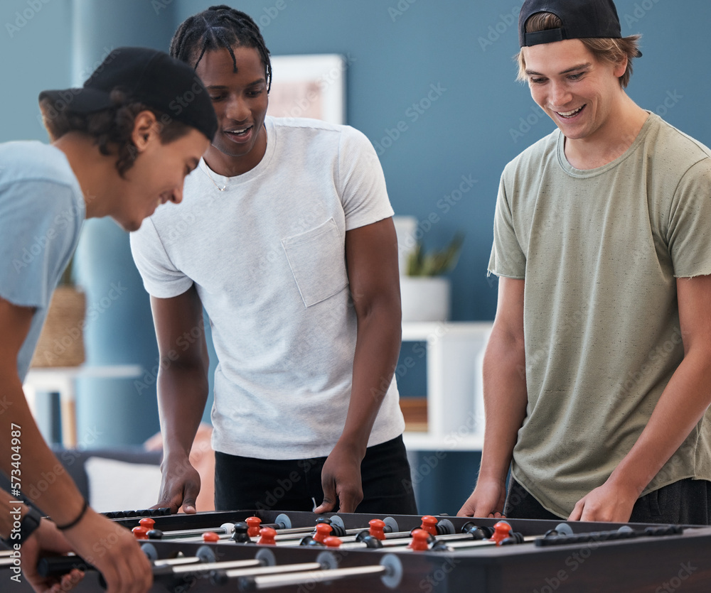 Student foosball, friends and men playing a game at students ...