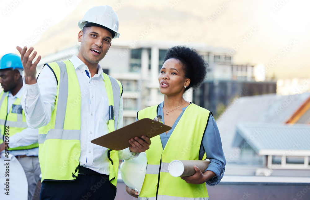 Engineering, clipboard and construction workers planning project in ...