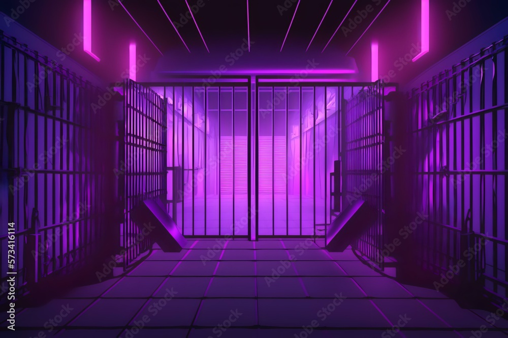 futuristic prison cell with metal bars and intense purple neon lights ...