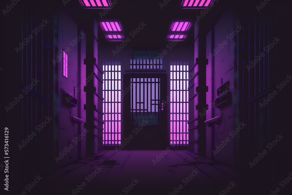 futuristic prison cell with metal bars and intense purple neon lights ...