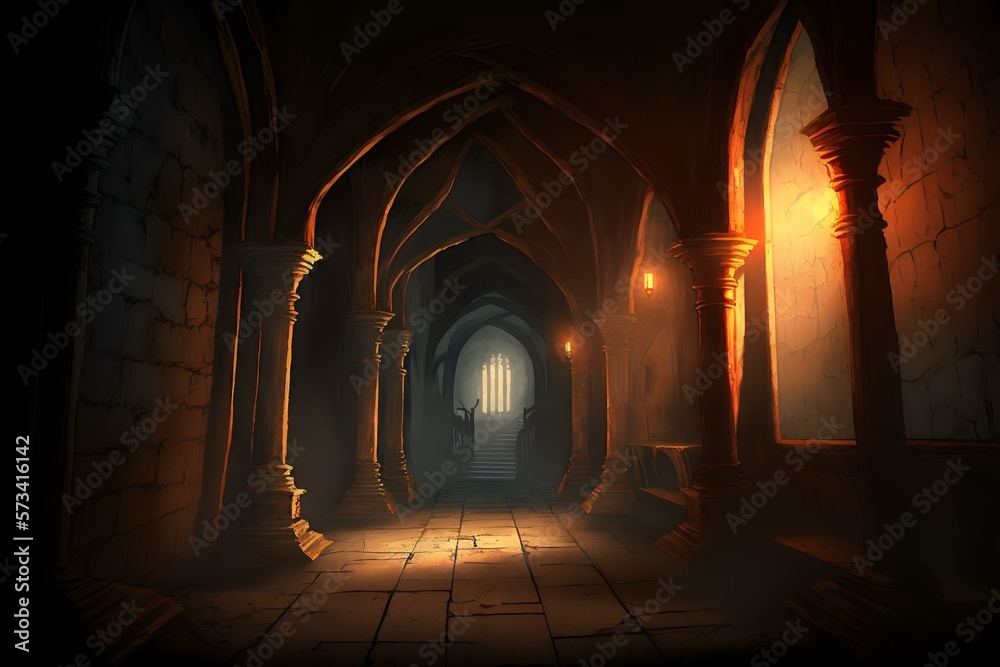 long medieval castle corridor with torches and stone arches (AI ...