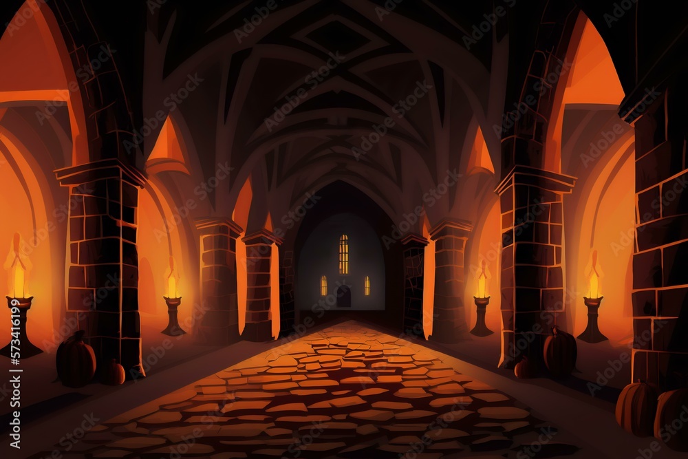 long medieval castle corridor with torches and stone arches, ANIME (AI ...
