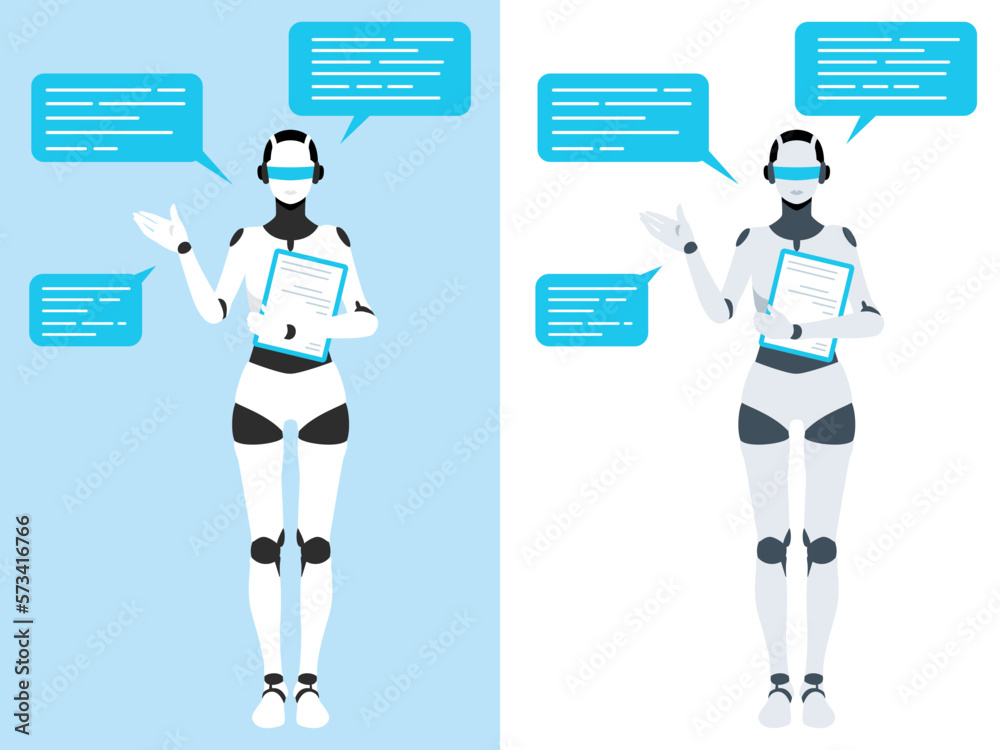 Vector illustration of a robot chatting, talking and guiding with ...