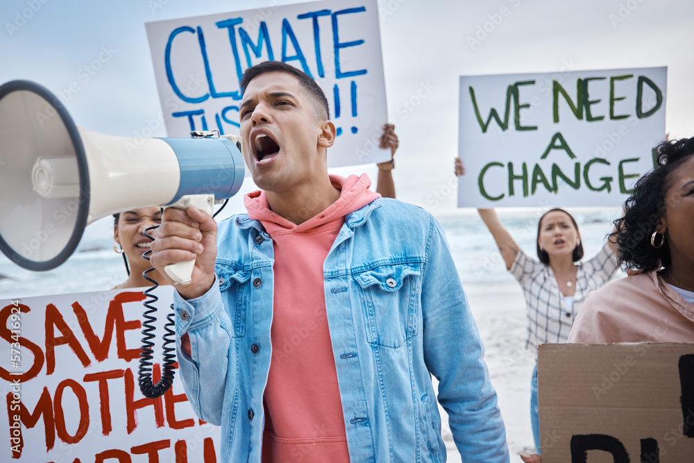 Protest, climate change and megaphone with man at the beach for ...