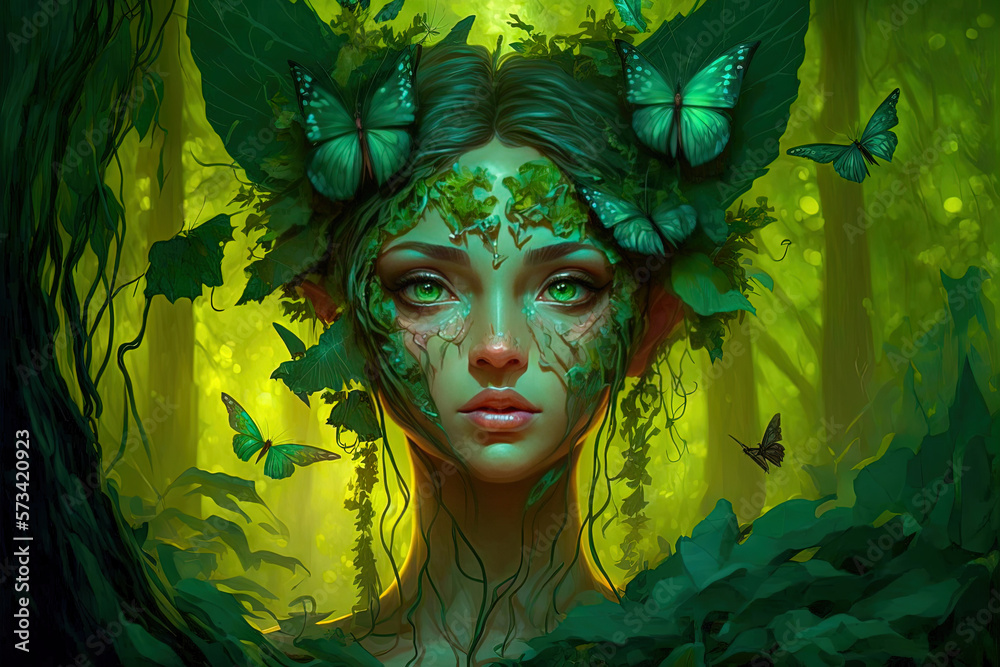 Beautiful young dryad goddess in forest. Dryad goddess merging with a ...