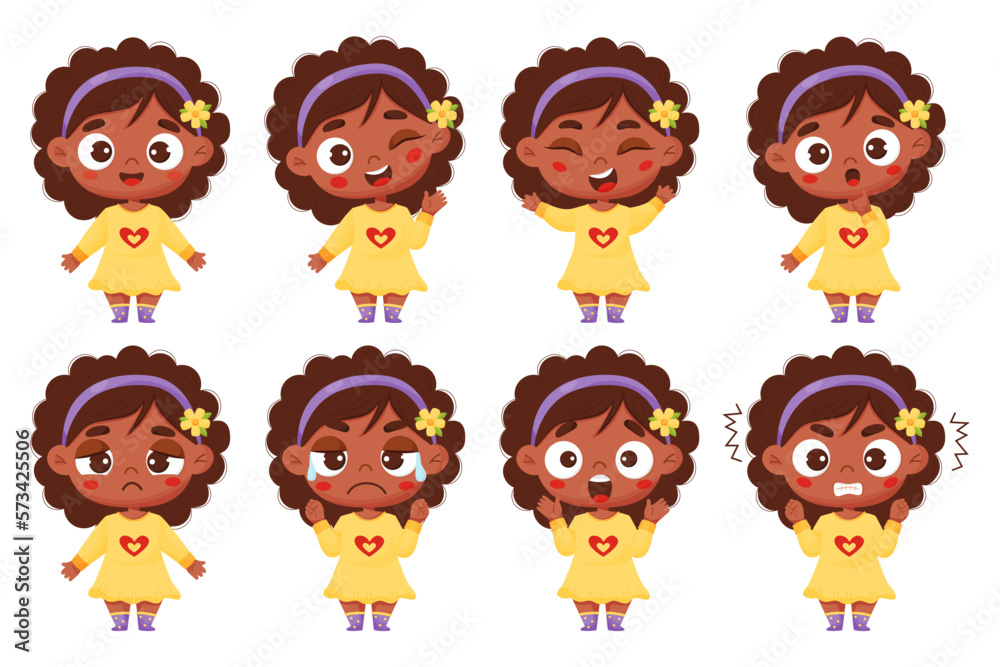 kids collection of emotions. Cute dark-skinned girl with different ...