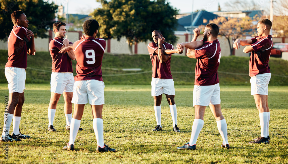 Foto de Rugby, sports and warm up with a team getting ready for ...