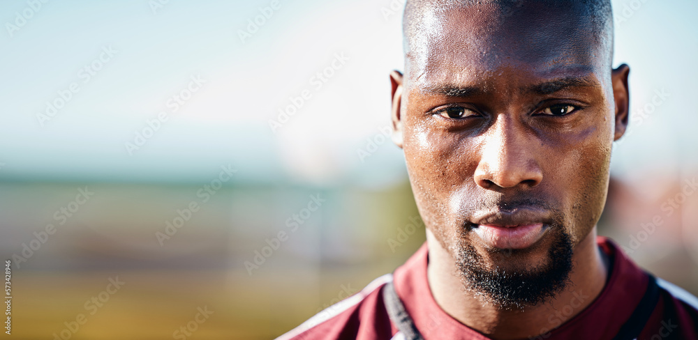 Black man, athlete and face with focus, sport and fitness outdoor with ...