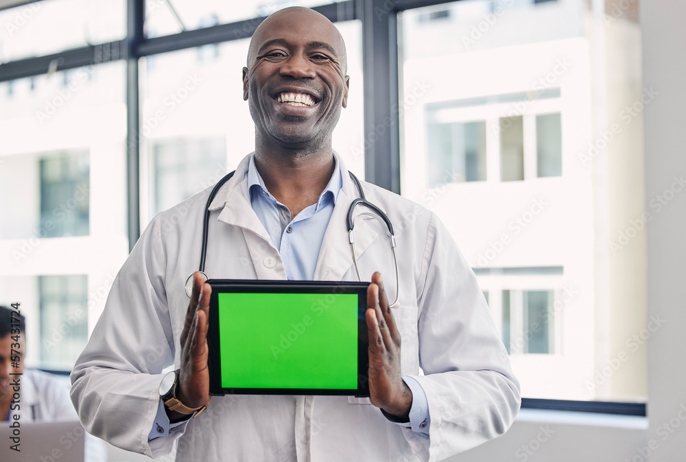 Doctor, black man and tablet green screen in hospital portrait for ...