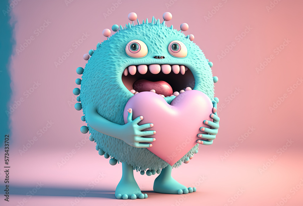 3D character is a cute monster holding a heart. Funny toothy alien ...