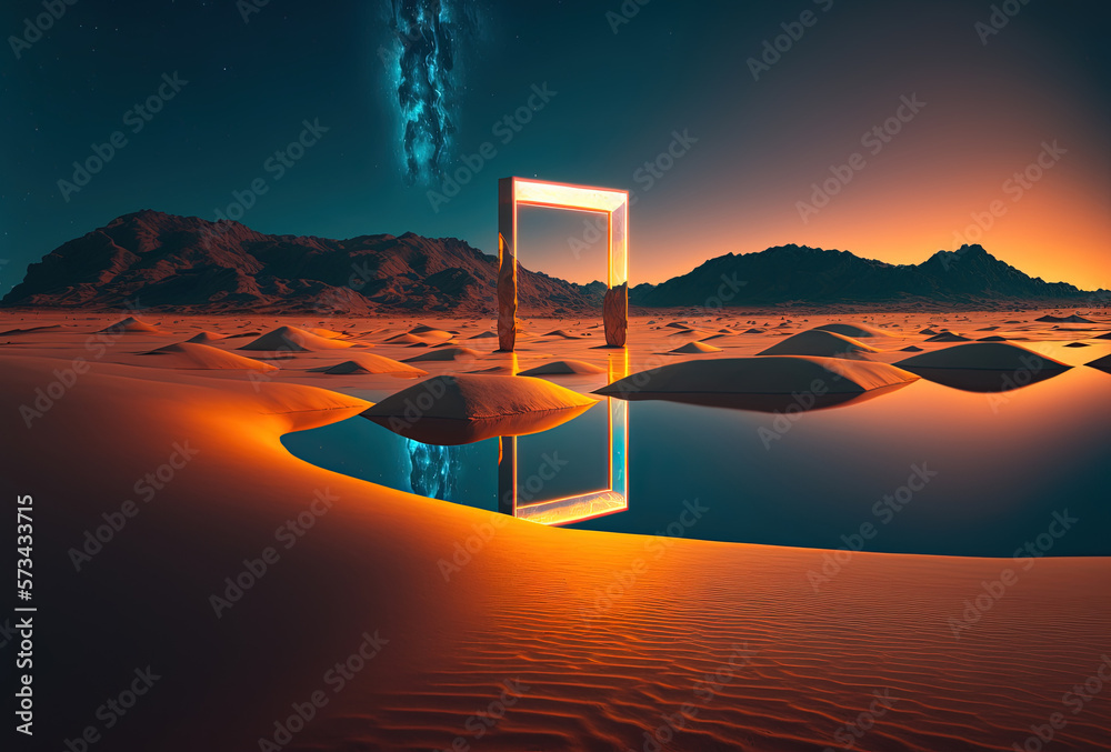 A surreal night desert landscape. Abstract sand dunes reflected in a square mirror. Yellow neon ...