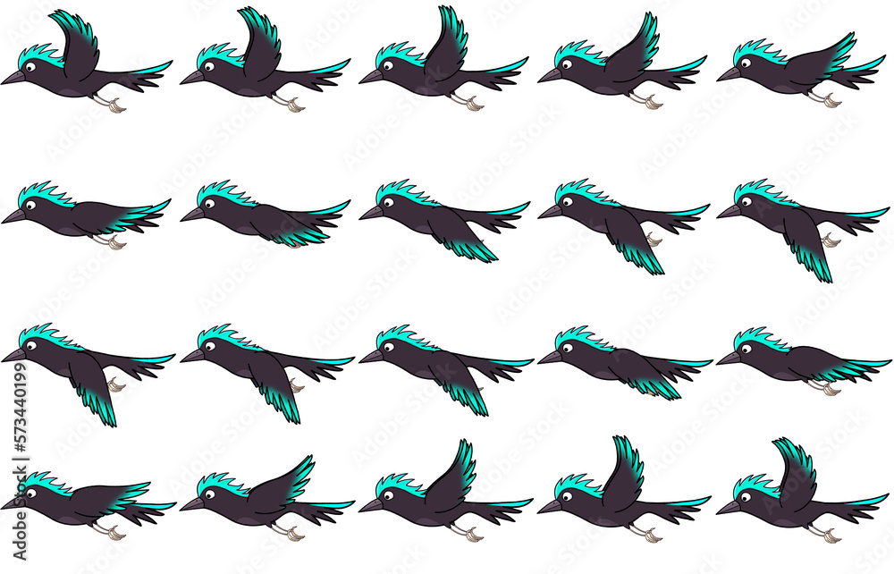 Flying crow dark with blue hair.Animated black flying crow.Sprite-sheet ...