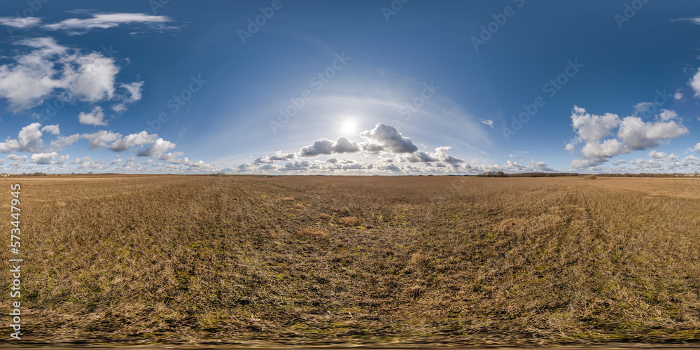 spherical 360 hdri panorama among farming field with clouds on blue sky ...