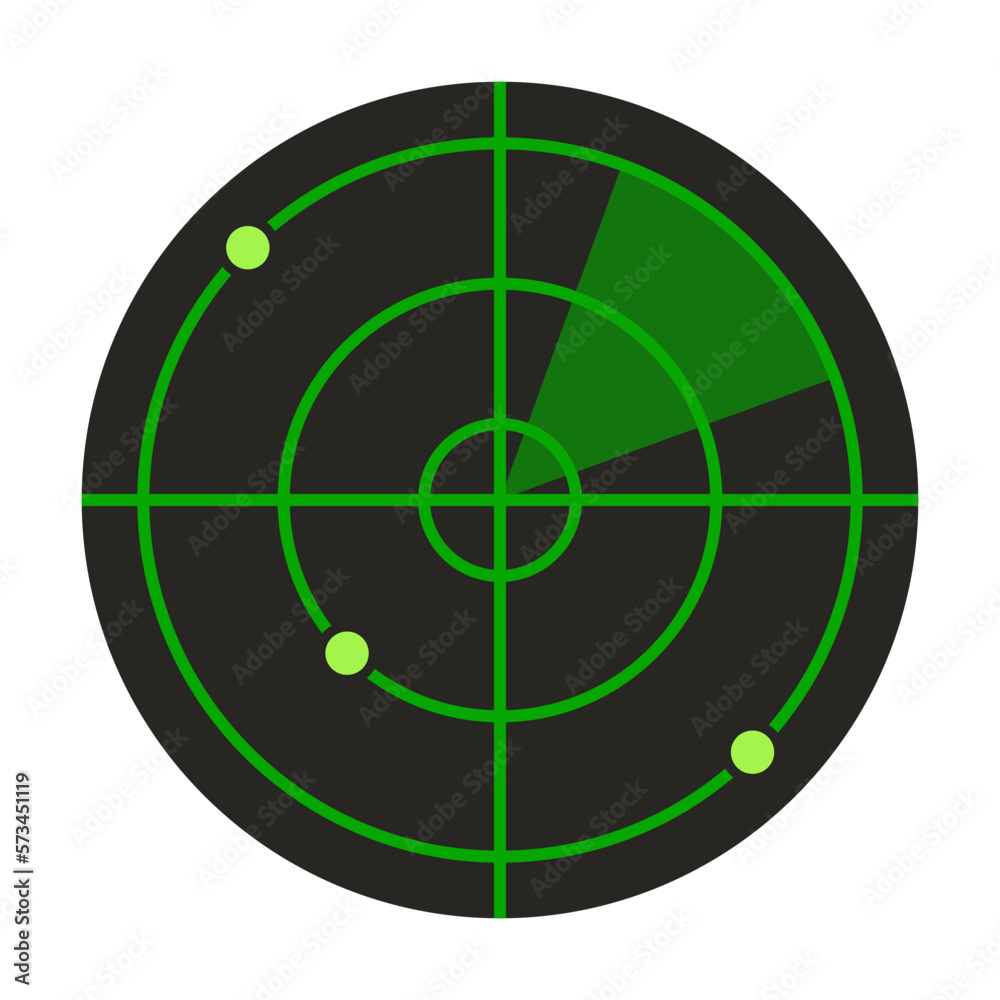 Radar monitor, black and green round monitor. Isolated vector pictogram ...