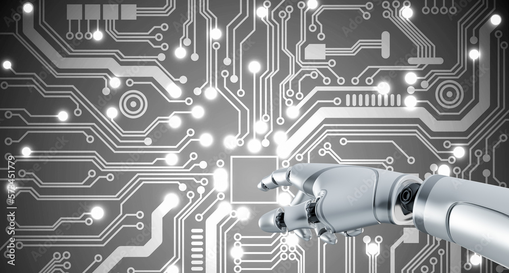 Robotic touching digital circuit board, Futuristic AI Artificial ...