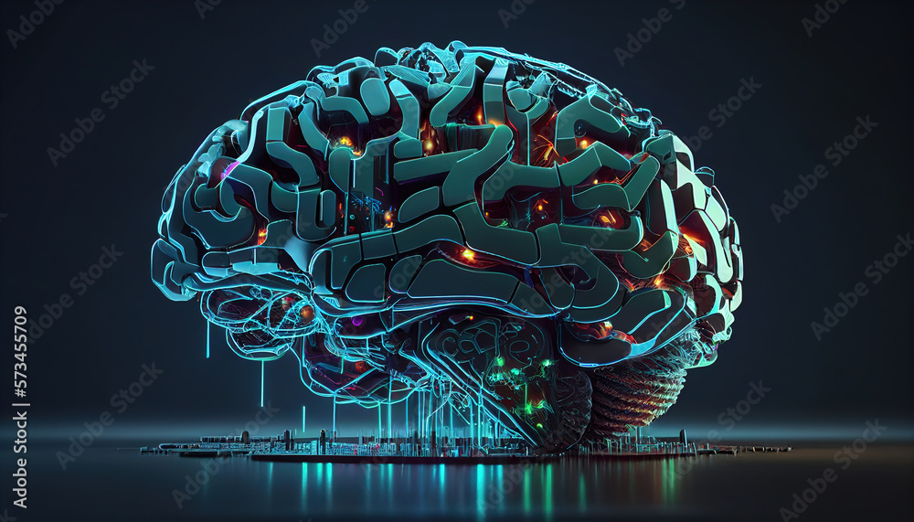 Generative AI illustration of artificial intelligence technological brain with glowing purple ...