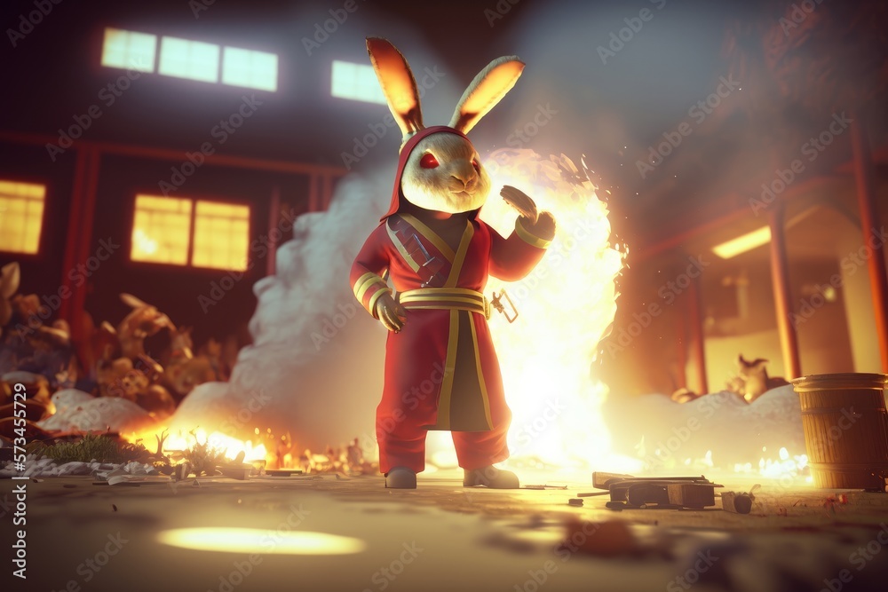 Epic Composition of a Rabbit Firefighter Battling Blaze in Burning ...