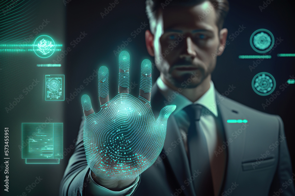 Businessman scans fingerprint for secure access with biometric ...