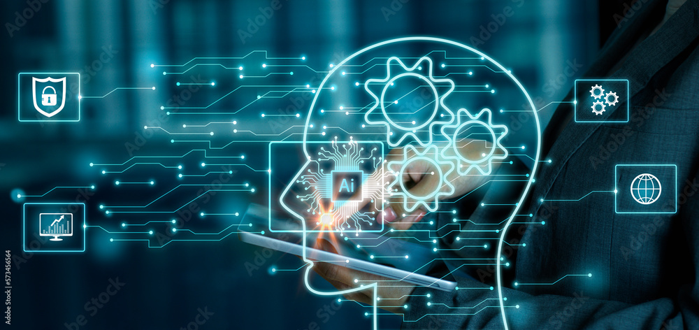 Businesswoman touching the brain working of Artificial Intelligence (AI ...