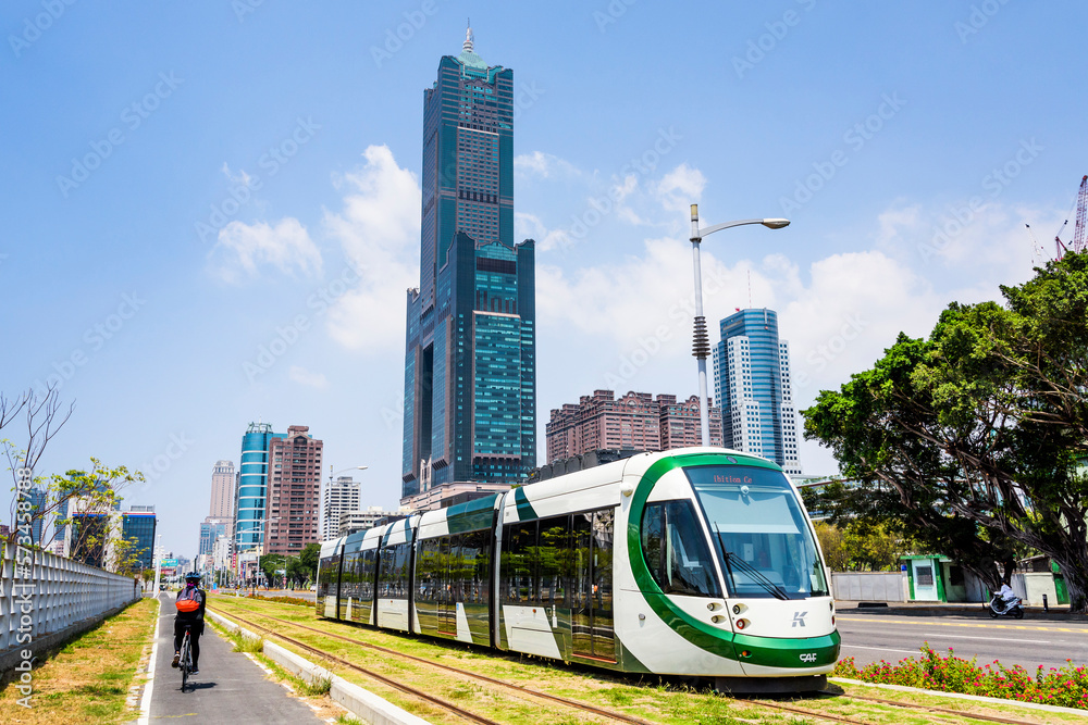 Kaohsiung, Taiwan- April 3, 2017: View of circular light rail train and ...