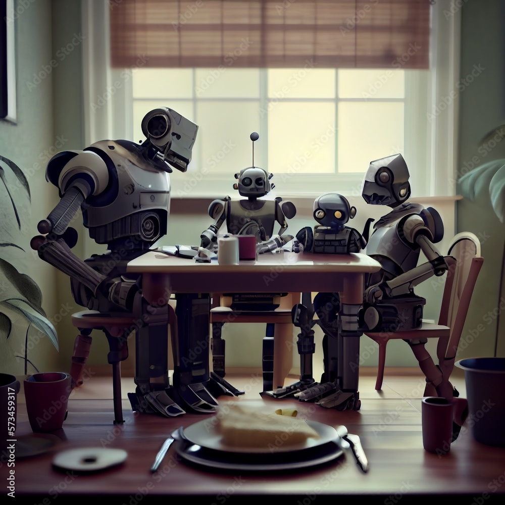 Robot family having dinner, created with Generative AI technology Stock ...