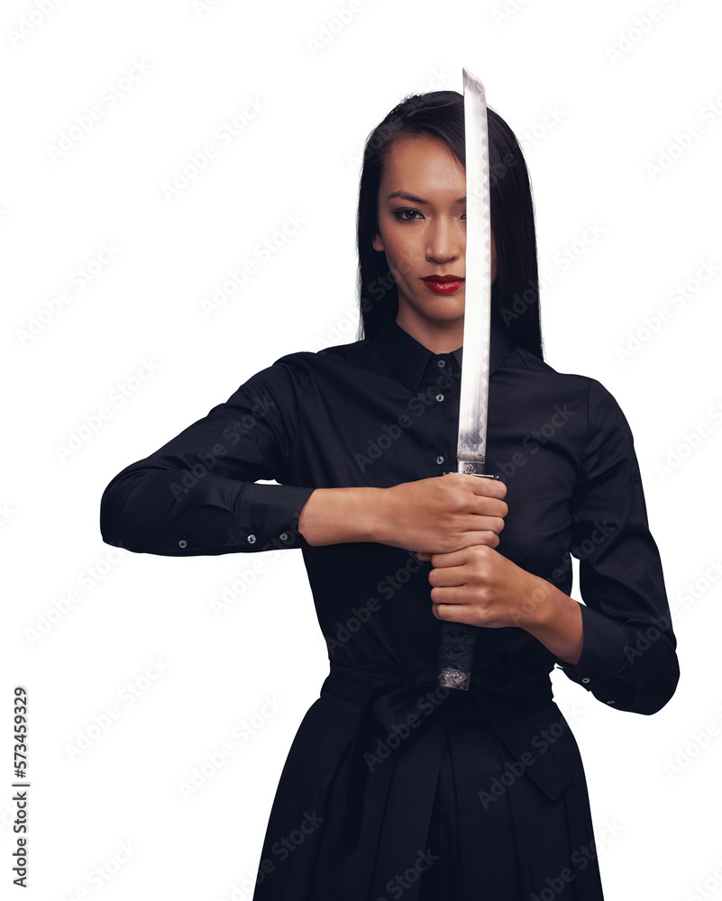 A ferocious young female samurai or a martial arts warrior firmly ...