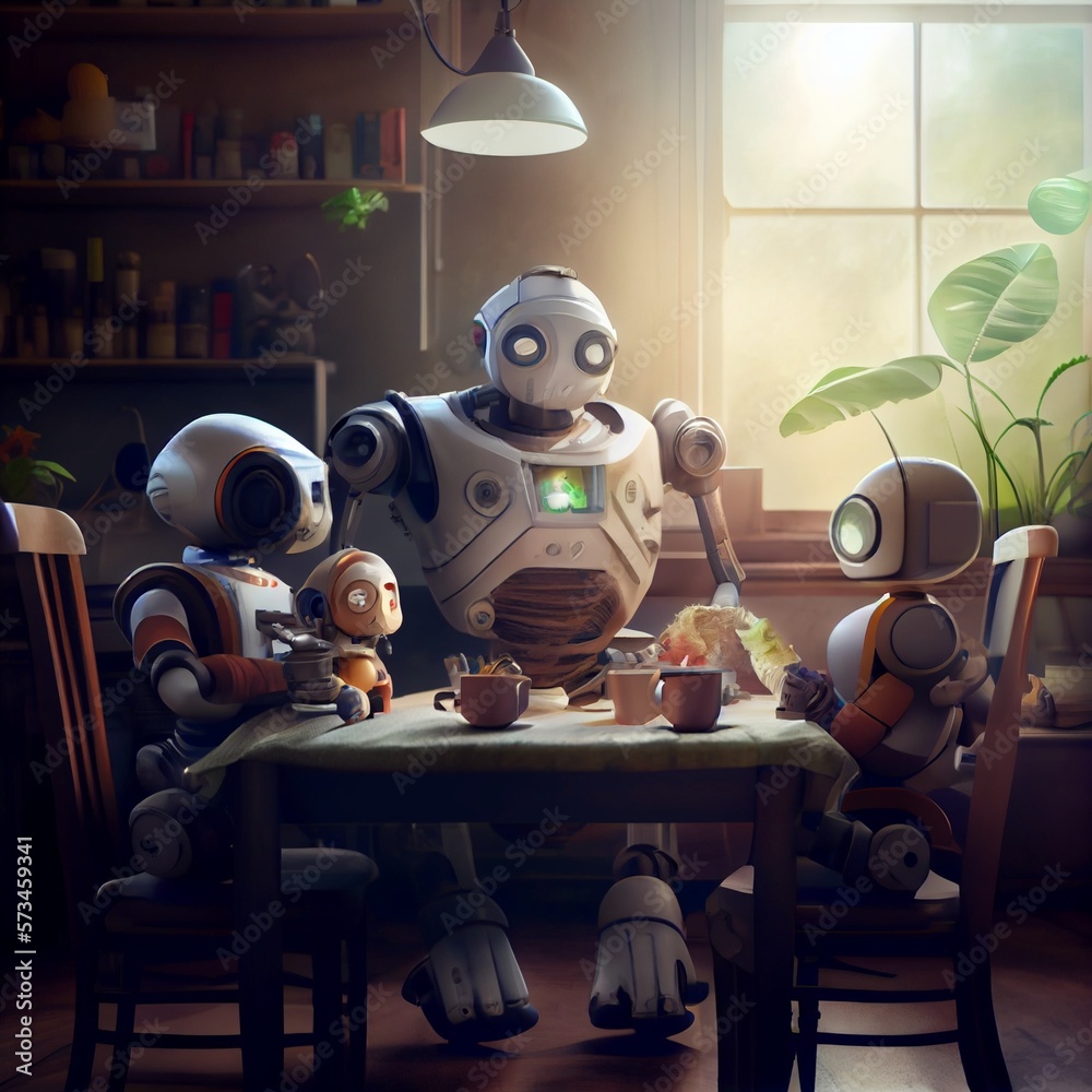 Robot family having dinner, created with Generative AI technology Stock ...