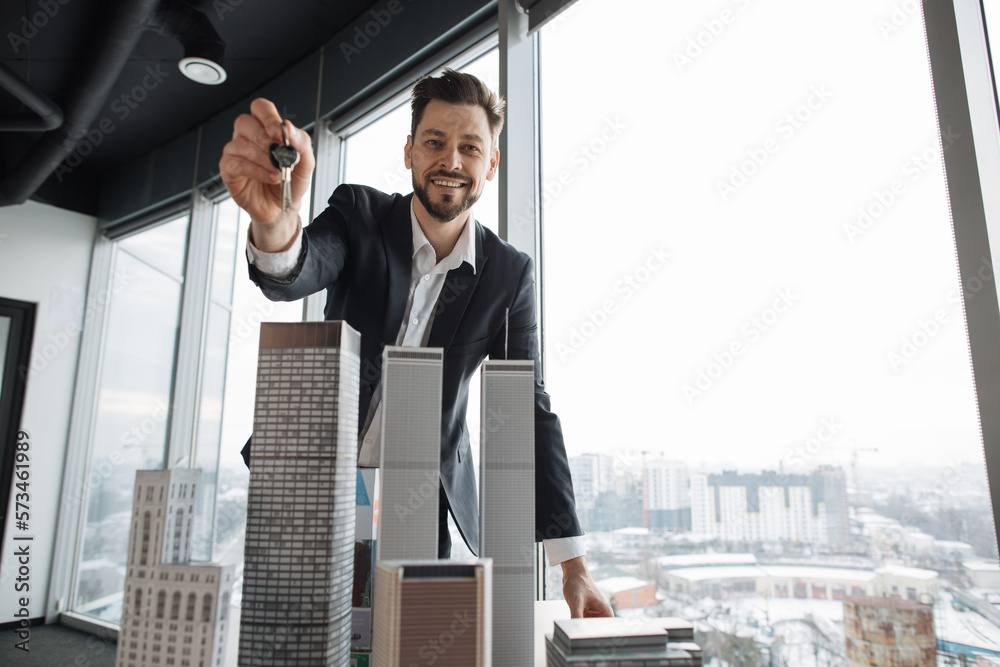 Focus on face of real estate manager homeowner businessman banker ...