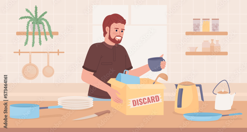 Decluttering kitchen countertop and drawers flat color vector ...