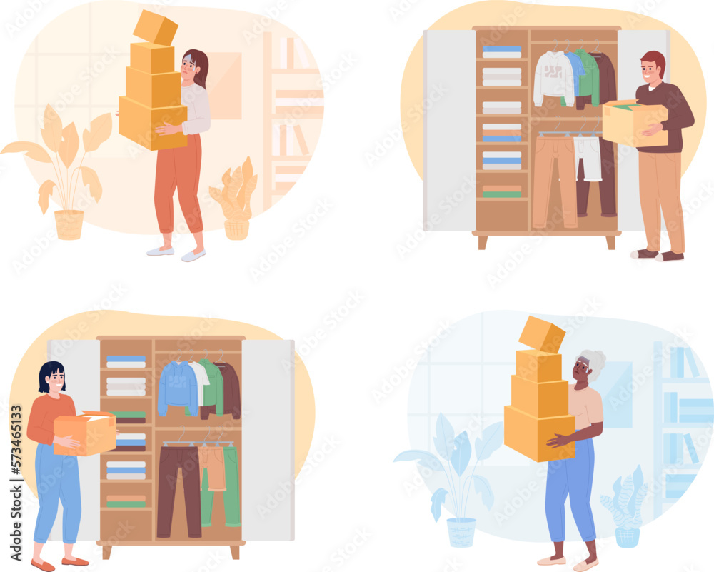 Decluttering clothes in wardrobe 2D vector isolated spot illustration ...