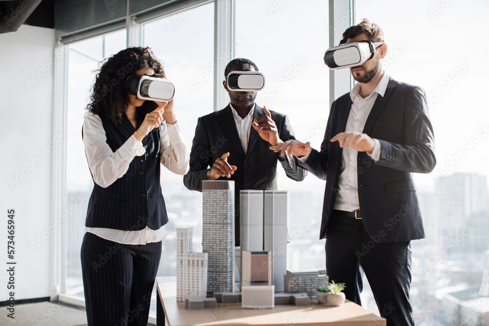 VR, business meeting conference. Multiethnic male and female business ...