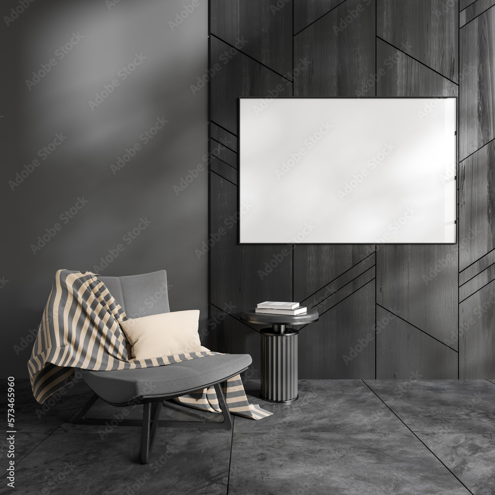 Dark relax room interior with armchair and decoration, mockup frame ...