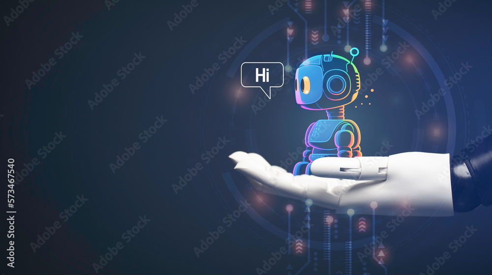 Chatbot Chat with AI Artificial Intelligence finger and robotic arm Point at the screen to enter ...