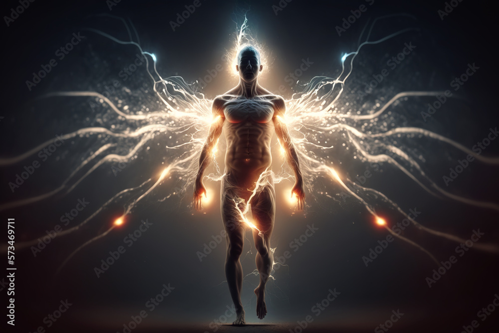 Strong man in lightning flashes, athlete silhouette with energy ...