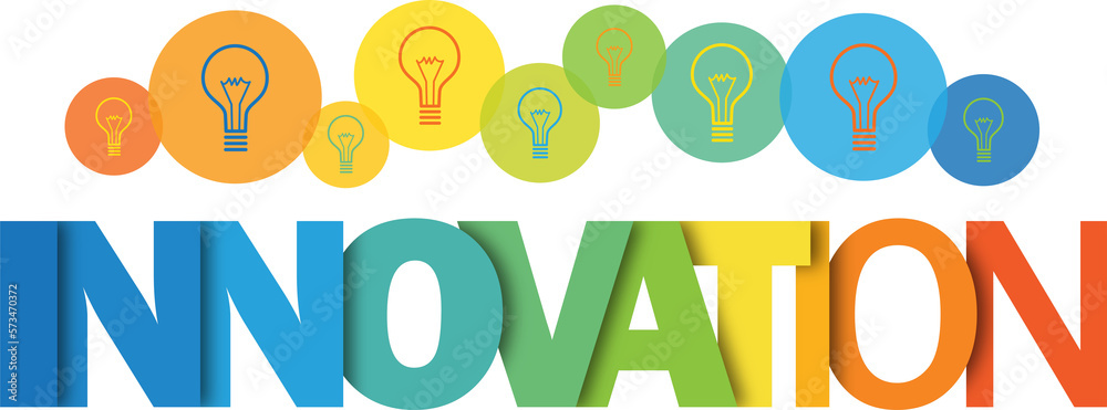 INNOVATION colorful typography banner with light bulb symbols on ...