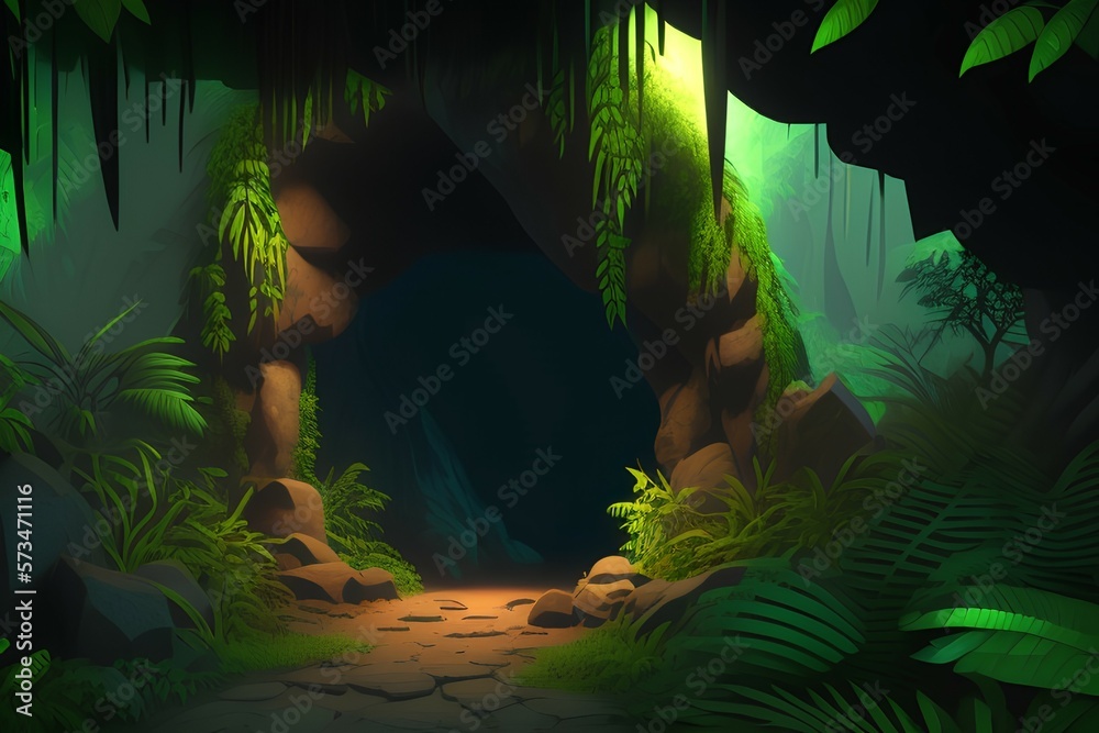 Dark jungle cave entrance illustration animation - generative ai Stock ...