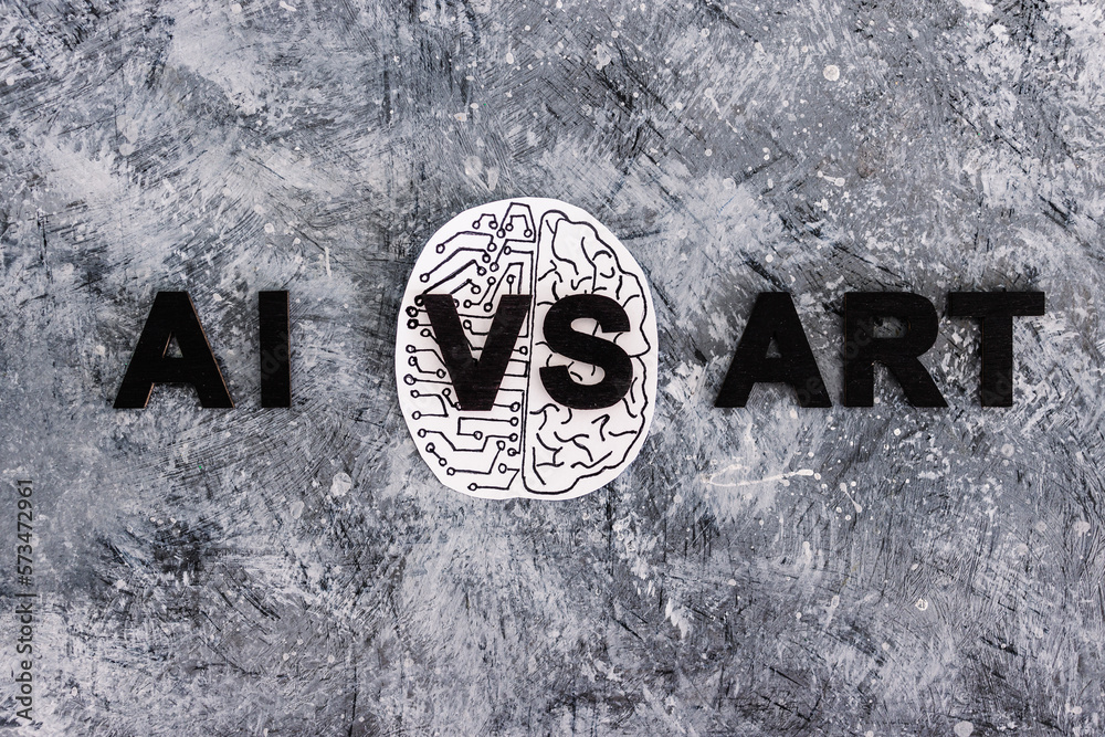 AI vs Art text with half human half robot brain, Artificial ...
