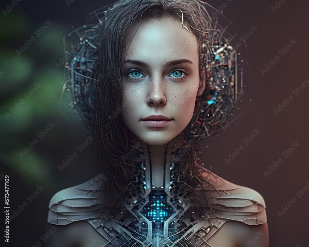The Futuristic And Technological Face Of A Cyborg Woman Surrounded By Wires And Cables Is