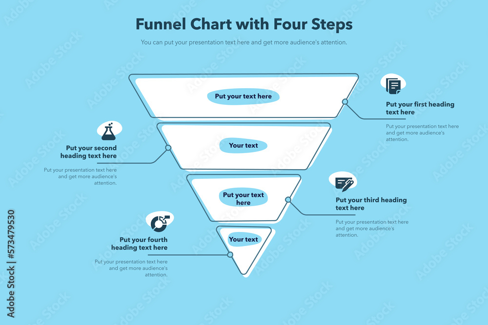 Funnel chart template with four steps - blue version. Creative diagram ...