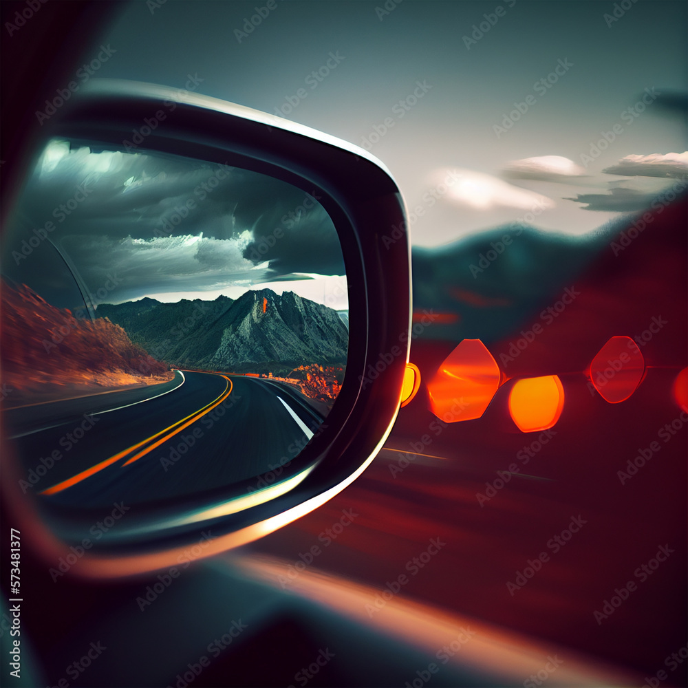 Car rearview mirror with nature reflection - AI generated image Stock ...