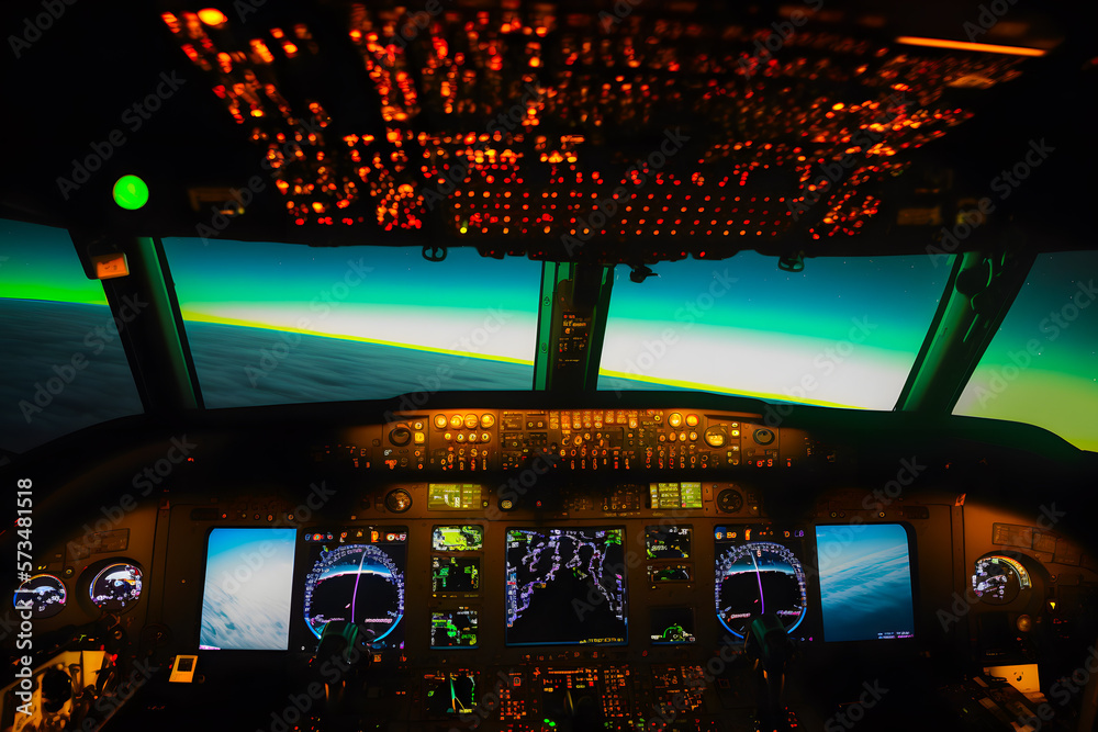 Northern Lights Aurora Borealis green with passenger plane flying above ...
