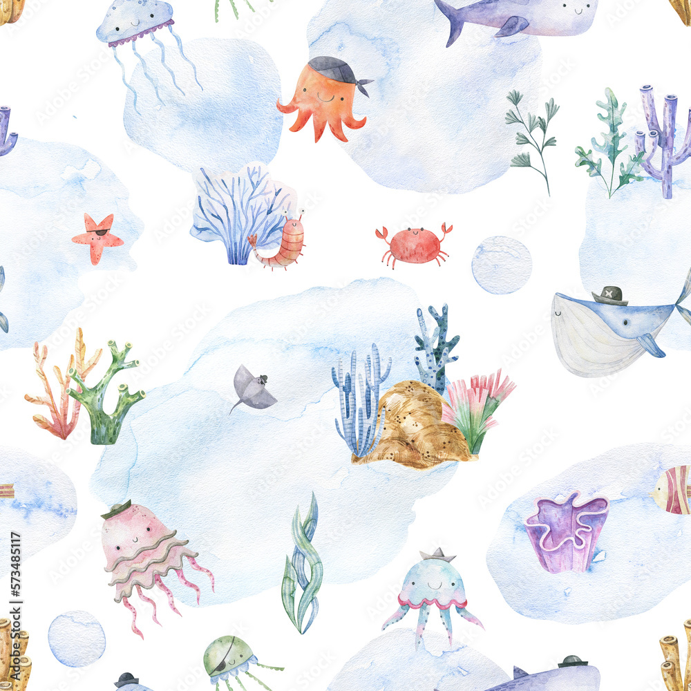 Seamless pattern with sea creatures. Endless underwater life background ...