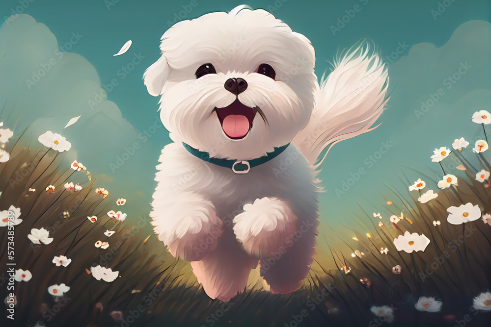 Cute cartoon maltese anime plays runs and smiles. Stock Illustration ...