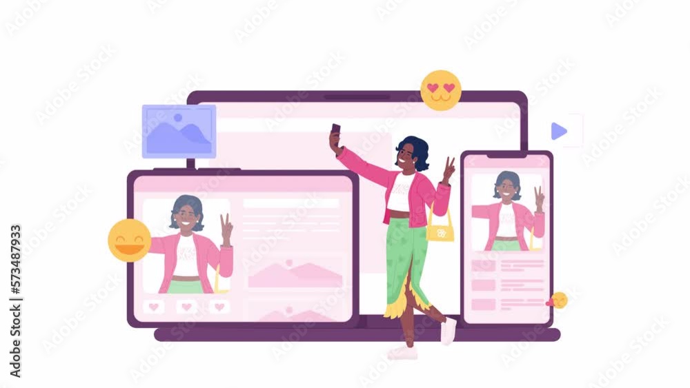Animated cross-platform influencer. Female blogger sharing selfie on ...